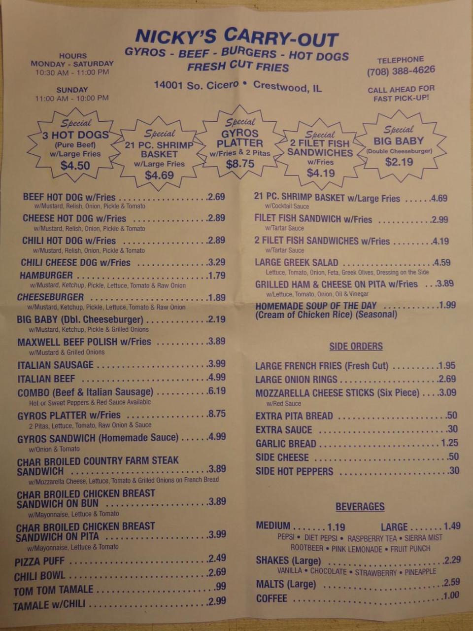 Nicky's Carryout - Crestwood, IL | Menu & Reviews | Foodeist